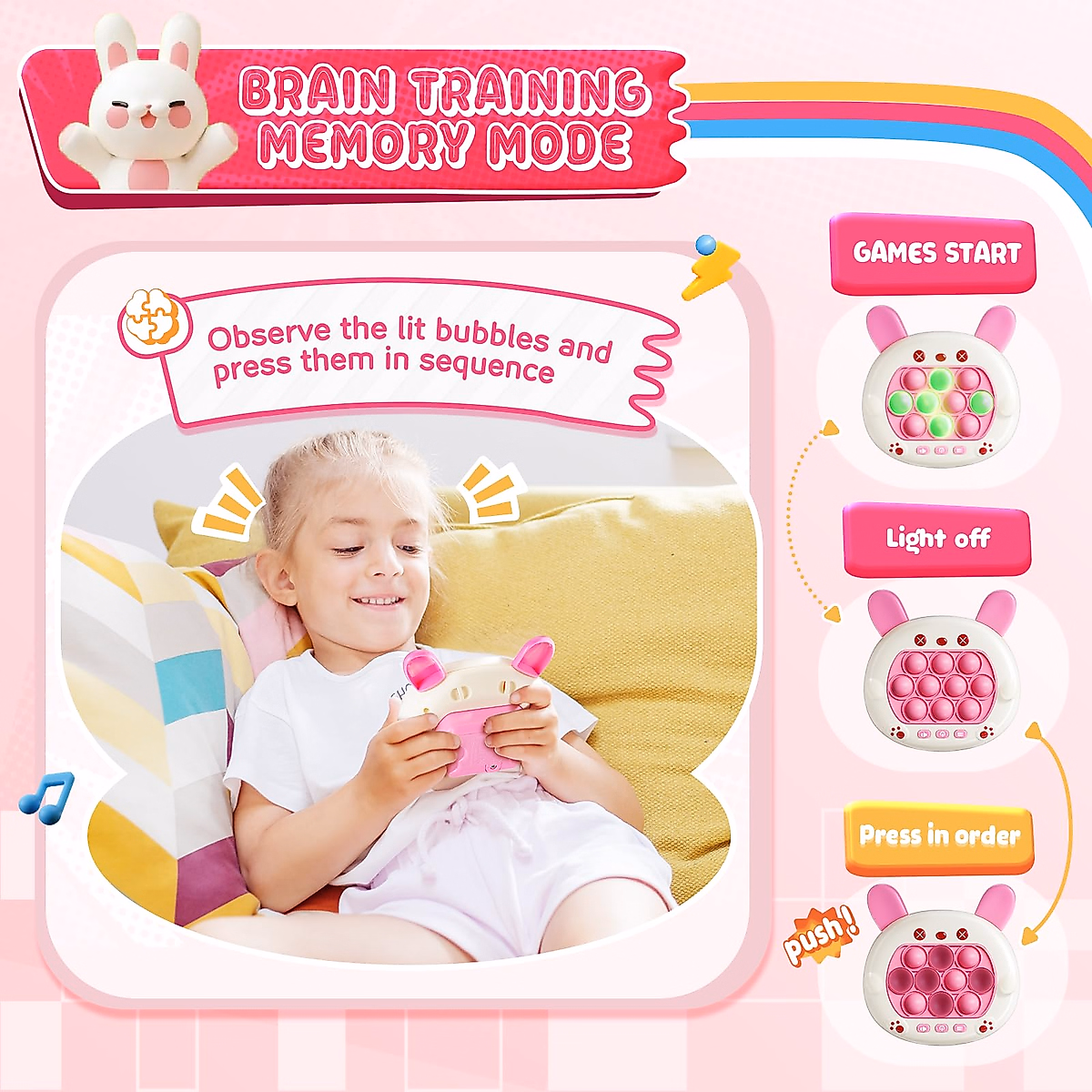 Alltope Pop Fidget Kids Games Toys Fast Push Game, 4 Different Modes Handheld Bubble It Pro Light Up Game Portable Puzzle Machine for Kids, Boys, Girls, Teens, Adult Birthday Gift Rabbit Pink