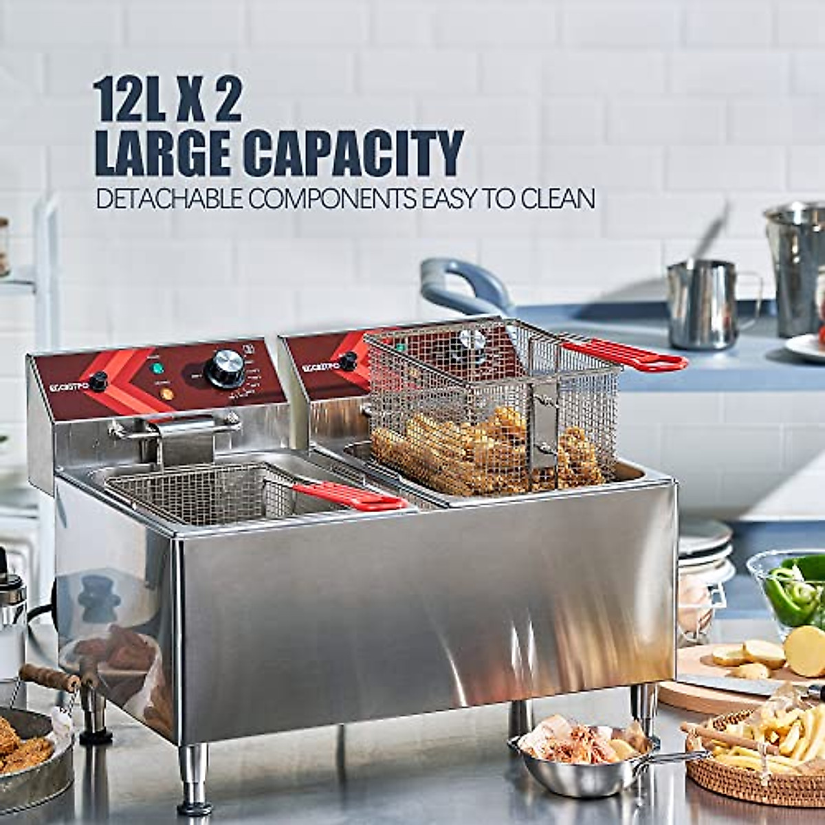 EGGKITPO Commercial Deep Fryer 12L x 2 Large Dual Tank Electric Deep Fryers with Basket Electric Countertop Fryer for Restaurant with 2 Frying Baskets and Lids, 1800W x 2, 120V