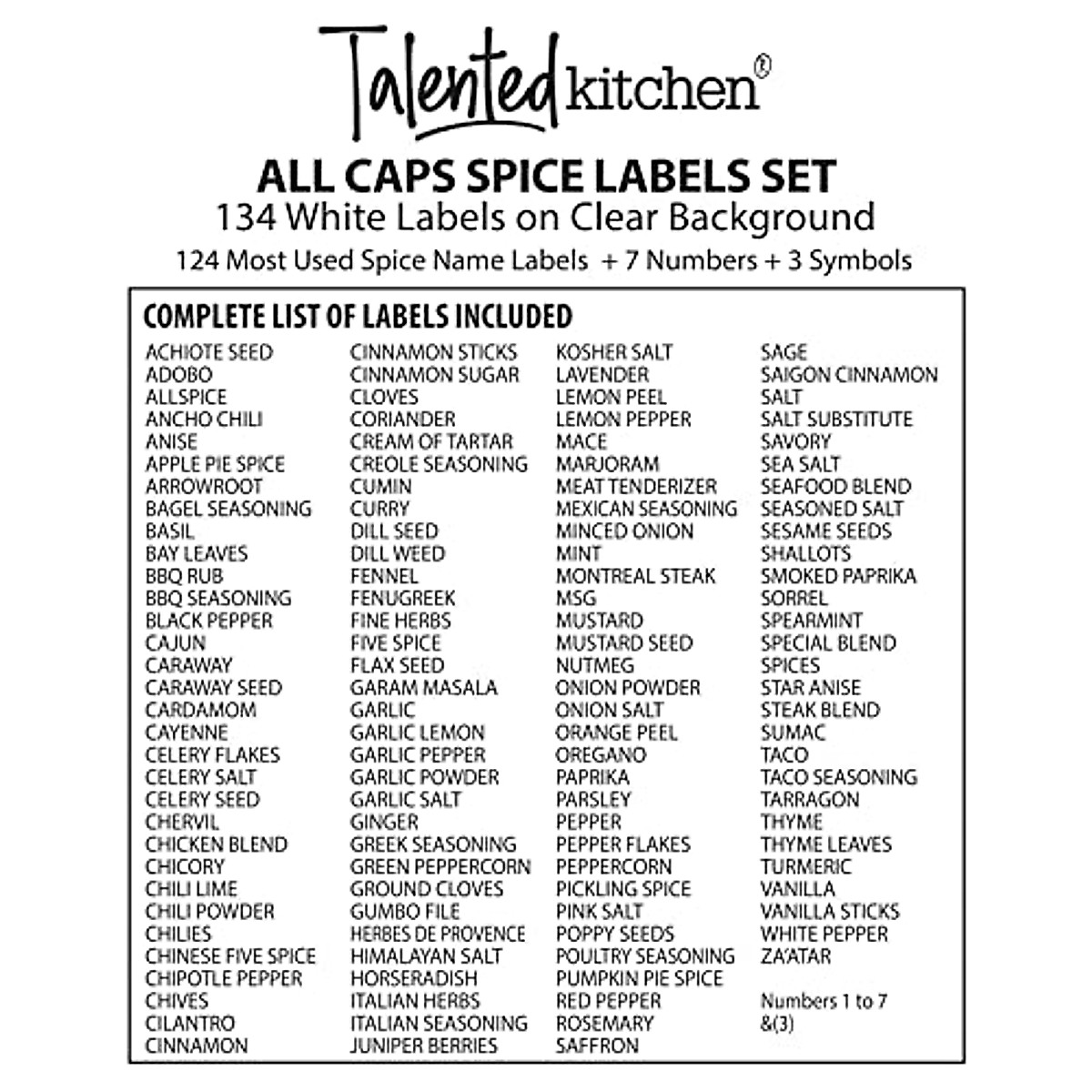 Talented Kitchen 134 Kitchen Spice Jar Labels Preprinted, Minimalist Bold All Caps White Letters and Numbers for Spice Rack, Kitchen Cabinet and Pantry Organization
