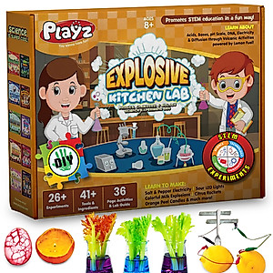 Playz Explosive Kitchen Lab Educational Science Kit for Kids Age 8-12 with 26 Science Experiments to Make Citrus Rockets, Sour LED Lights & More - Chemistry Set Toys for Boys, Girls, Teenagers & Kids