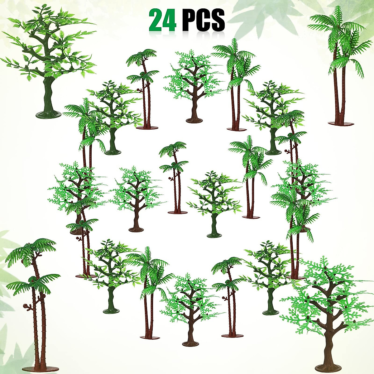 24 Pcs Mini Toy Jungle Trees Plastic Model Coconut Trees Figurines with Base Cake Decoration Rainforest Diorama Supplies Scenery Architecture Trees for Craft, Building, Scenery Landscape, 4 Styles