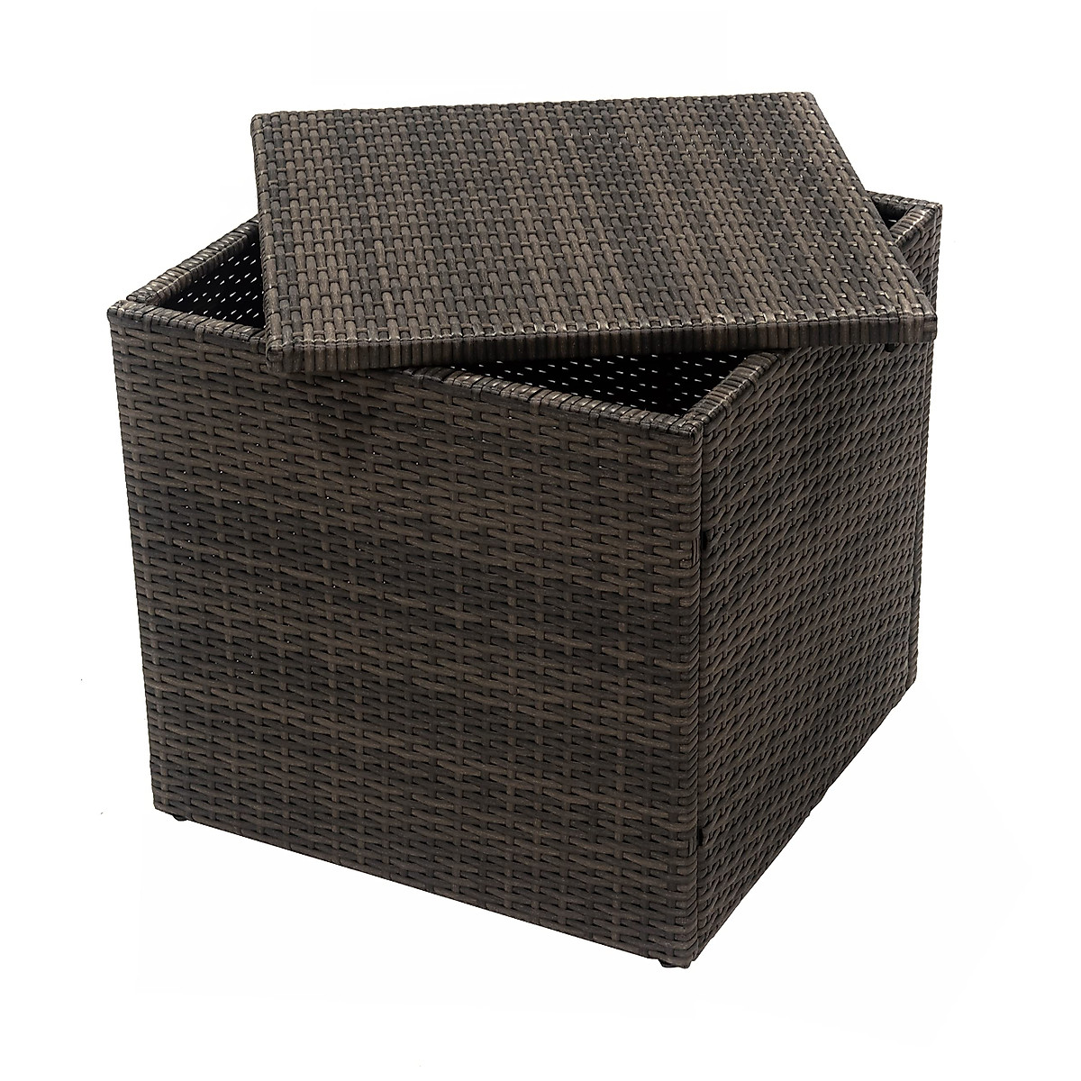 D&F Design Jackson Indoor & Outdoor PE Wicker Cube Side Table with Storage, Patio Resin Rattan End Table Square Container for Furniture Covers, Toys and Gardening Tools Grey
