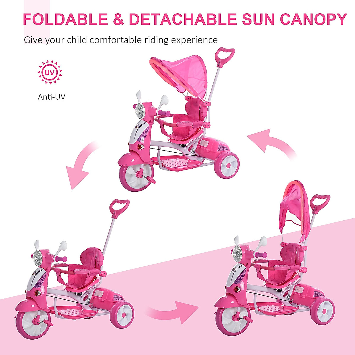 Qaba Children Ride-On Moped Tricycle with a Stylish Design & Interactive Music & Lighting Functions Pink
