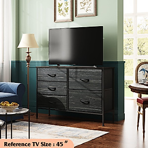 WLIVE Dresser for Bedroom with 5 Drawers, Wide Bedroom Dresser with Drawer Organizers, Chest of Drawers, Fabric Dresser for Living Room, Closet, Hallway, Charcoal Black Wood Grain Print