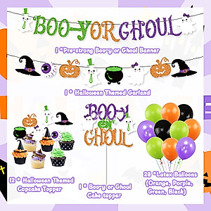 Halloween Gender Reveal Party Decoration Boo-y or Ghoul Baby Shower Banner Cake Cupcake Topper Purple Green Balloons Fall Boy Or Girl Sex Announcement Ideas Favor Supplies