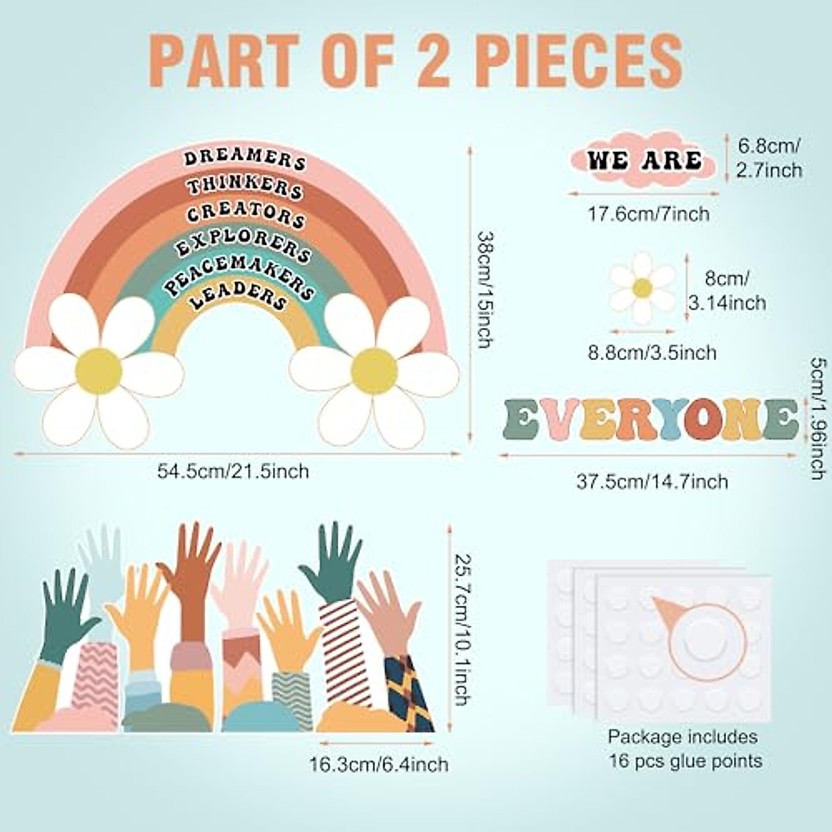 92 Pieces One World Together Classroom Decorations We Can Change The World Classroom Wall Decor We are and Together Hands Cutouts with Stars Rainbow Cutouts for School Classroom Decor (Retro)
