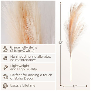 Stay Chic Artificial Faux Pampas Grass - 6 Stems 42 inch Length Fluffy Dry Tall Grass Pampas Plant, Silk Creamy Flower Bouquet for Home Kitchen Garden Party Photography Arrangement Vase Décor