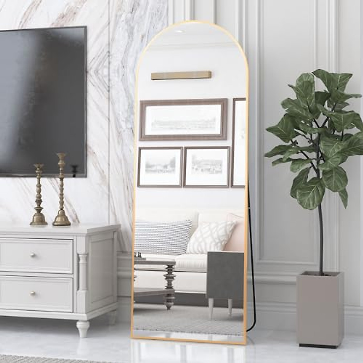 Poseerkey Arched Full Length Mirror 64" x 21", with Stand Large Floor Mirror, Full Body Mirror Standing Hanging or Leaning Against Wall Mirror for Bedroom, Living Room, Gold