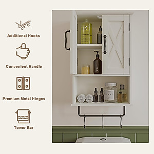 ChooChoo Farmhouse Medicine Cabinet, Bathroom Wall Cabinet with Adjustable Shelf, Towel Bar, 3 Hooks, Over The Toilet Storage Cabinet for Bathroom, Kitchen, White