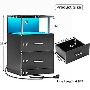 AOGLLATI Nightstand with Charging Station and LED Lights, Night Stand with Open Storage, Bedside Table with Drawers, 2 USB Ports, 2 Outlets, Modern End Side Table for Bedroom,White