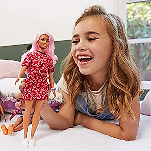 Barbie Fashionistas Doll #151 with Long Pink Hair Wearing a Red Paisley Top & Skirt, White Sneakers & Scrunchie Bracelet, Toy for Kids 3 to 8 Years Old