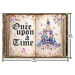 AIBIIN 7x5ft Once Upon a Time Backdrop Fairy Tale Books Castle Pink Floral Princess Romantic Story Old Opening Book Photo Background Wedding Baby Shower Birthday Party Decorations Banner Photo Props