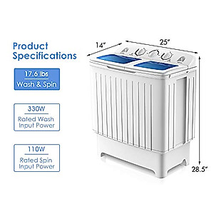 RELAX4LIFE Portable Washing Machine Compact Twin Tub 17.6 lbs with Wash (11 lbs) and Spin (6.6 lbs) Cycle, Time Control and Drain Hose, Mini Laundry Washer for Camping, Apartments, Dorm and RV Washer