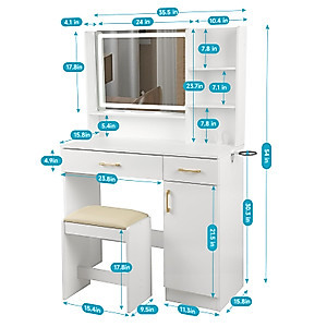 QUALIKRAFT Vanity Set, Vanity Desk with Mirror and Lights, Vanity Desk with Drawers, Vanity with Charging Station, Vanity with Chair, Vanity with Storage, White Vanity, Makeup Vanity，Bedroom Vanity