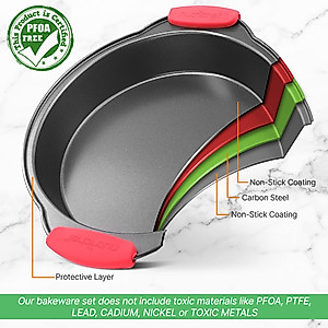 Non Stick Cake Round Pan, Deluxe Gray Carbon Steel Pan with Red Silicone Handles, Quality Metal Bakeware For Cooking & Baking Cake Loaf, Muffins & More, Compatible with Model NCSBS10S