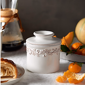 Butter Bell - The Original Butter Bell crock by L Tremain, a Countertop French Ceramic Butter Dish Keeper for Spreadable Butter, Antique Collection, White Linen