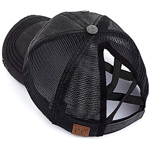 Funky Junque Dad Hat Ponytail Messy Bun Trucker Ponycap (Distressed Black w/Criss Cross Back)