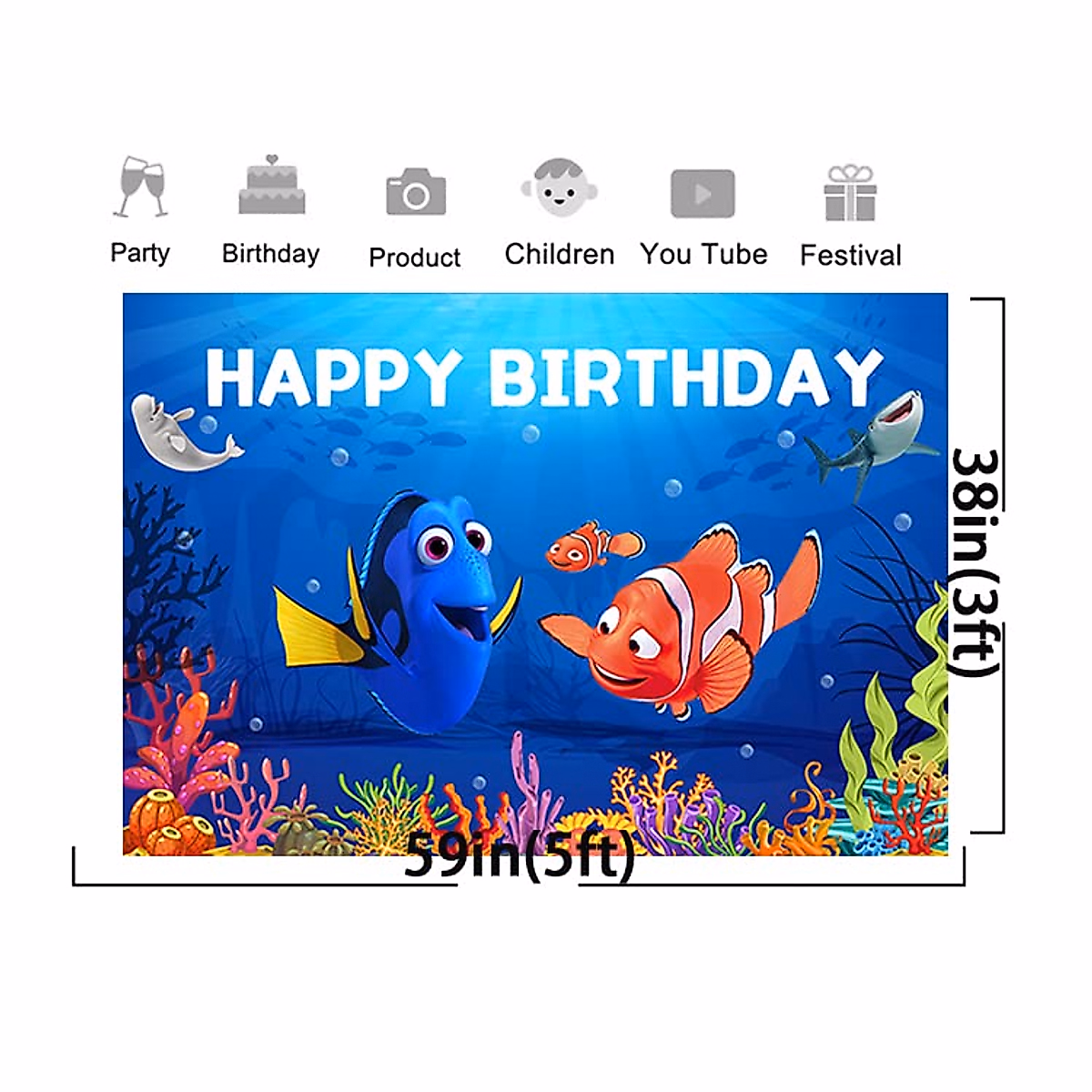 Under The Sea Backdrop for Birthday Party Supplies Nemo Photo Backgrounds Finding Dory Birthday Theme Baby Shower Banner 59x38in