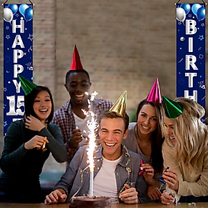 Turypaty Blue Silver 15th Birthday Door Banner Decorations, Happy 15 Birthday Party Porch Sign Supplies for Boys, Sweet 15 Year Old Birthday Party Supplies