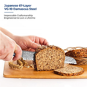 SENKEN Damascus Steel Bread Knife - Tsunami Collection - 67-Layer Japanese VG10 Steel Core - Unique Blue Resin & Natural Wood Handle, Razor Sharp, Beautiful Damascus Wave Pattern (7.5" Bread Knife)