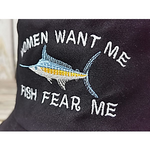 Enodtter Women Want Me Fish Fear Me Embroidered Bucket Hat, Black Embroidery Beach Sun Hat Summer Travel Fisherman Cap