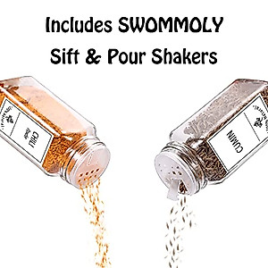 SWOMMOLY 25 Glass Spice Jars/Square Spice Bottles, 4oz Empty Spice Containers with 806 White Spice Labels, Pour/sift Shaker Lid, Airtight Cap, Chalk Marker and Funnel Complete Set