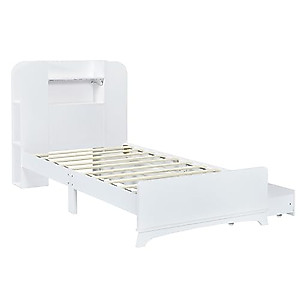 Brisca Twin Size Storage Platform Bed Frame with Two Drawers and Light Strip,Headboard W/ 3 Storage Shelves,for Bedroom,Apartment,Guest Room,White