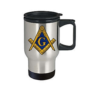 Masonic travel mug - Freemason symbol square and compass - Freemasonry gift accessories perfect for coffee/tea - stainless steel - Sold only by Saroth design
