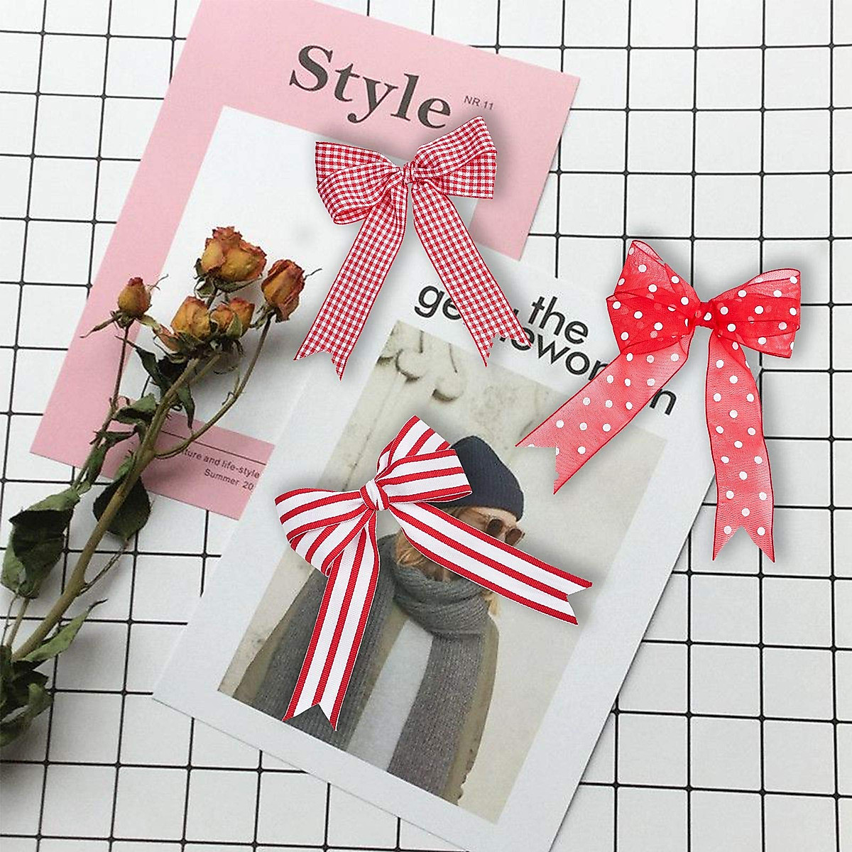 Fabric Ribbons Red and White Plaid Ribbon for Crafts, Grosgrain Striped Ribbon for Gift Wrapping, 1 Inch Organza Polka Dot Ribbon, 30 Yard