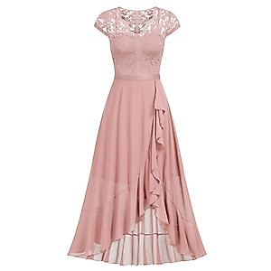 Miusol Women's V Neck Elegant Lace Ruffle Bridesmaid Maxi Dress (Large, Pink)