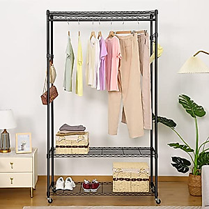 Modrine Clothing Rolling Rack, 3 Tiers Heavy Duty Garment Rack, with Lockable Wheels, 2 Side Hooks and 1 Clothes Rod (Black)