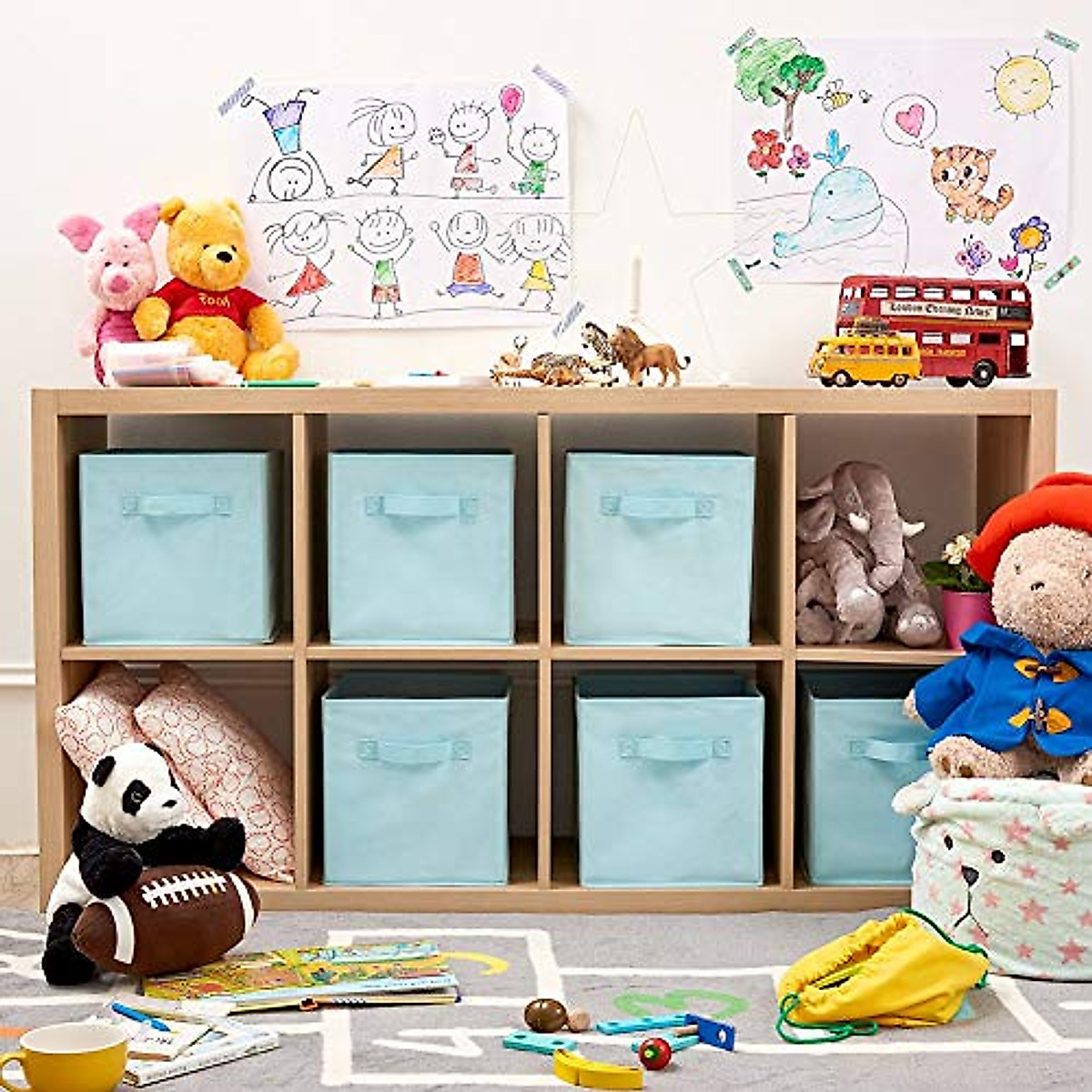 EZOWare Bundle Kit 6 Pcs Light Blue Collapsible Fabric Cube Storage Bin Baskets + 4 Closet Wardrobe Dresser Drawer Organizer Divider For Organizing Nursery Baby Clothes