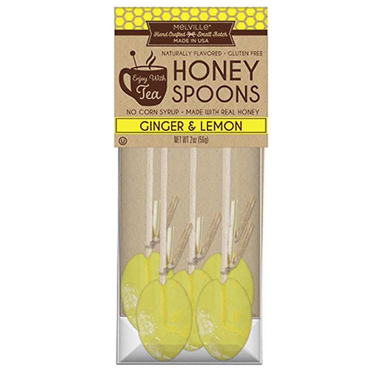 MelvilleCandy Hard Candy Ginger Lemon Honey Spoons Lollipop On Wooden Ball Sticks, 5 Count Bag