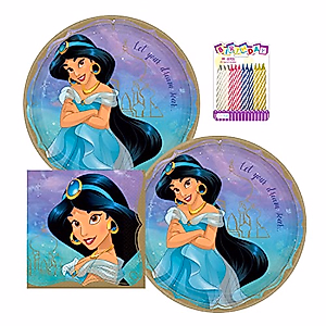 Disney Princess Jasmine Party Supplies Pack Serves 16-9 Inch Plates and Luncheon Napkins withh Birthday Candles - Aladdin - Bundle for 16 -