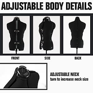 PDM WORLDWIDE Black Dress Form Adjustable Mannequin for Sewing, Female Size 6-14 Pinnable Body Form with 13 Dials & Detachable Casters, 42.5"-60" Height Range for Clothing Display, Small to Medium