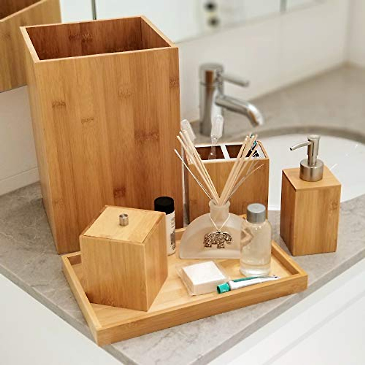 Elegant 5 Piece Bamboo Bathroom Accessories Set Deluxe Vanity Accessory Set with Wastebasket Updated Premium Bamboo Bath Set