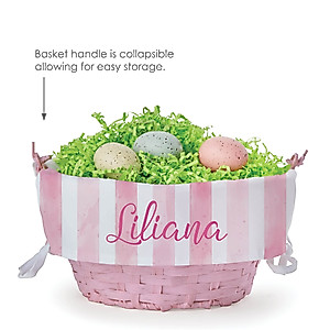 Personalized Easter Egg Basket with Handle and Custom Name | Pink Striped Easter Basket Liners | Pink Basket | Woven Easter Baskets for Kids | Customized Easter Basket | Personalized Gifts for Easter