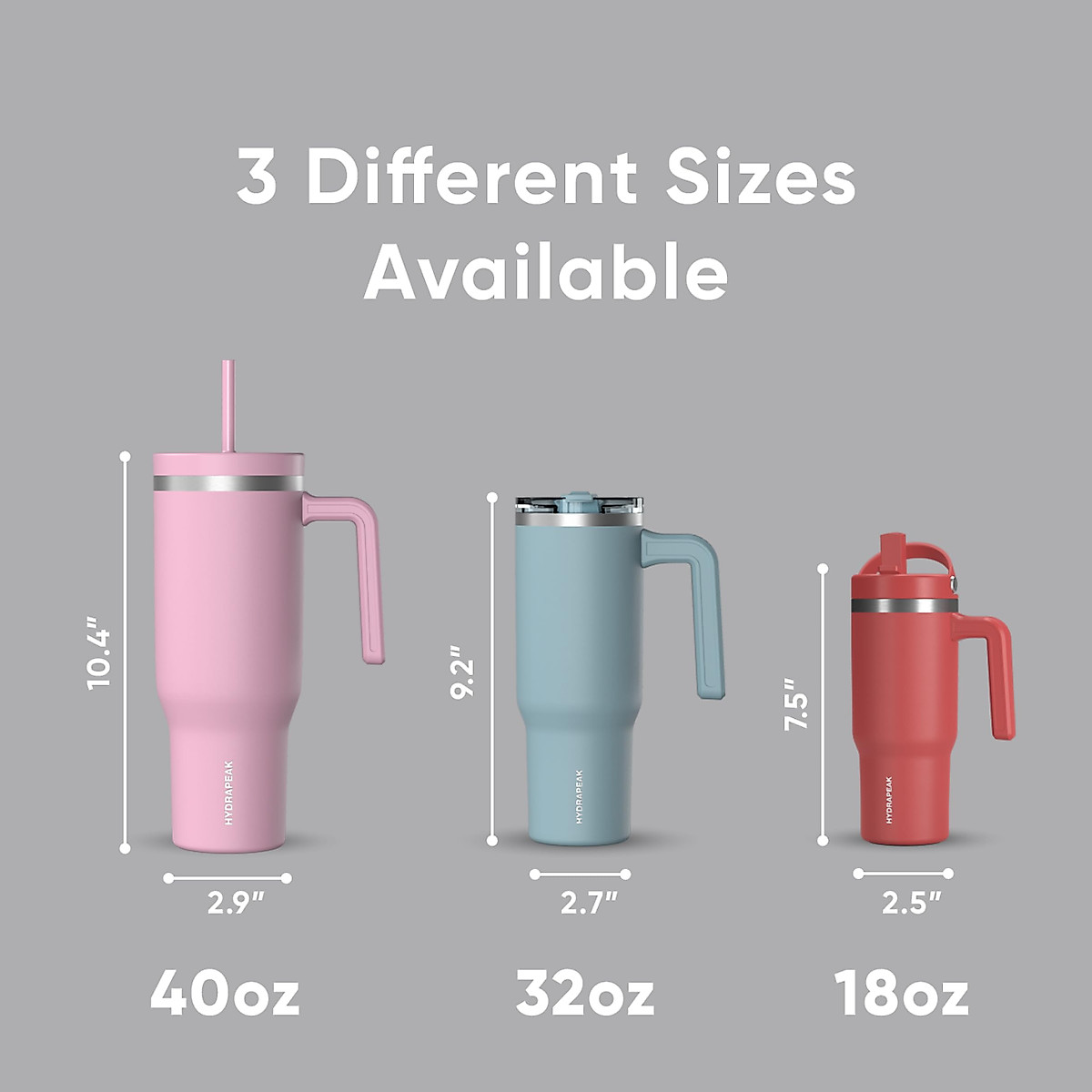 Hydrapeak Voyager 40 Oz Stainless Steel Tumbler with Handle, Insulated Water Bottle With Straw & Lid, Cupholder Friendly Reusable Travel Mug (Grey)