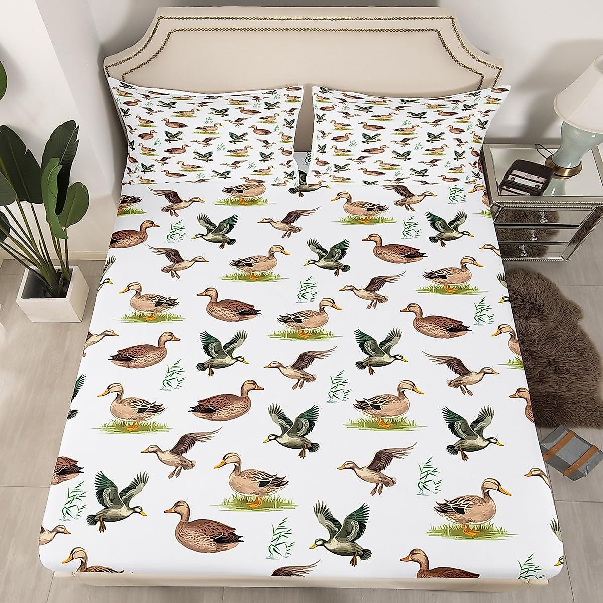 Queen Size Duck Bed Sheet Set Boys Girls Wild Duck Print Fitted Sheet for Kids Women Men Ultra Soft Grey Bedding Set Duck Hunting Bed Cover Room Decor