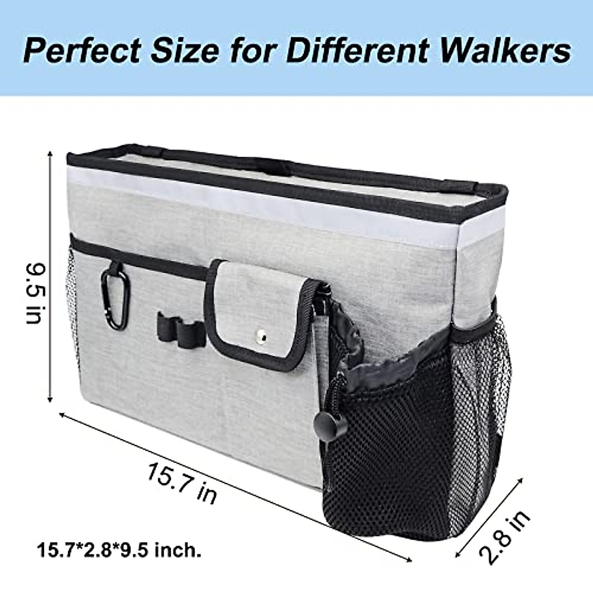 TYTCA Large Walker Bag Walker Basket Hand Free Storage Bag Folding Walker Attachment Handicap Basket Pouch for Large Capacity Organizer for Seniors Elderly (Grey)