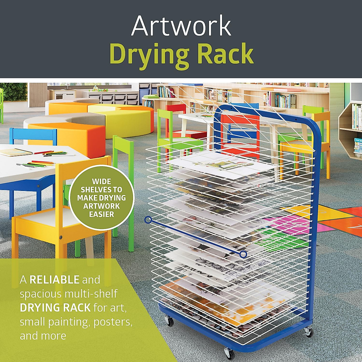 Pearington Mobile 25-Shelf Art Drying Rack for Classrooms and Art Studios, Heavy-Duty Steel Rolling Art Rack Cart with 25 Wide Shelves, Blue