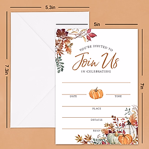 Whaline Fall Invitations 25 Sets Autumn Leaves Pumpkin Invitation Cards with Envelopes Stickers Rustic Harvest Blank Invites for Thanksgiving Wedding Birthday Baby Shower, 5 x 7 Inch