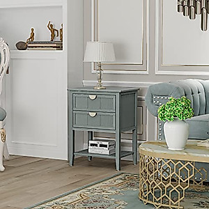 Hdxdkog 2 Drawer Side Table, Modern Wood Natural Nightstand with 2 Hand Made Rattan Decorated Drawers, End Table, Accent Bedside Table for Living Room or Bedroom (Olive Green)