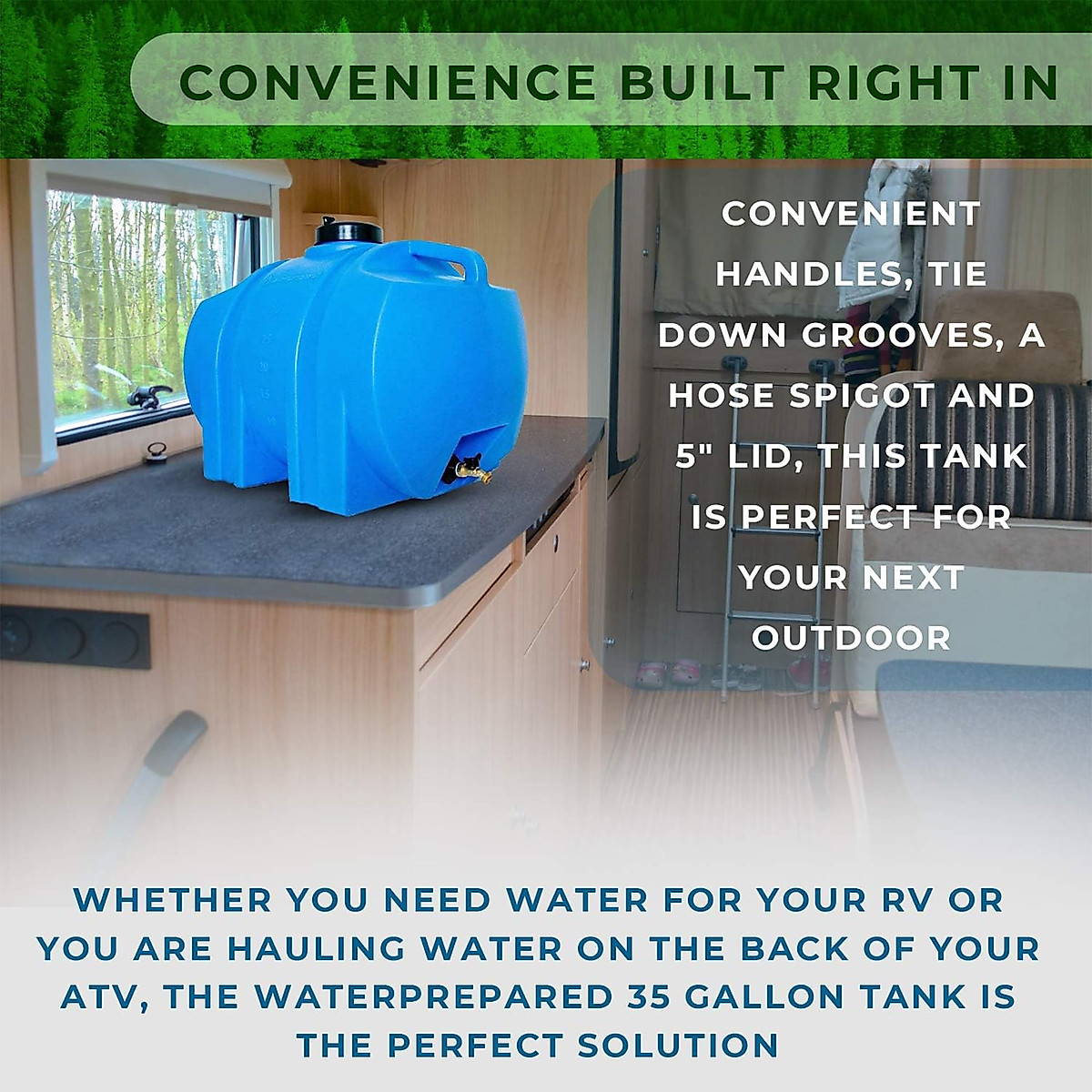 WaterPrepared 35 Gallon Utility Water Tank with Large Cap for Easy Filling, 3/4 Inch Brass Spigot, 2 Built in Strapping Points and 2 Handles, Blue