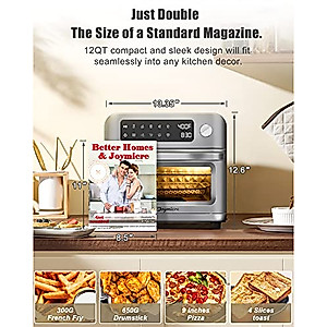 Joymicre Air Fryer Toaster Oven, 1700w High Power AirFryer Dehydrator Combo with Touchscreen Convection Countertop Oven, Dishwasher Safe Accessories, XL 12QT, 8 Cooking Presets, Bake, Broil, Defrost, Reheat, Roast All-in-one, Grey