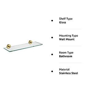JQK Bathroom Glass Shelf Gold, Tempered Glass Shower Storage 16 by 5 inches, 304 Stainless Steel Brushed Gold Wall Mount, TGS101-BG