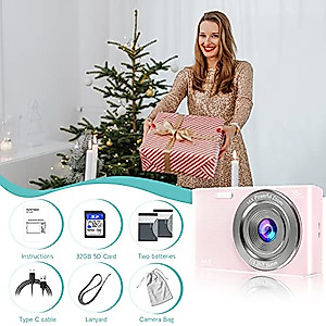 Saneen Digital Camera, FHD 4K & 44MP Kids Video Cameras for Photography with 32GB SD Card 16X Digital Zoom, Compact Point and Shoot Small Camera for Beginners, Kids and Teens-Pink