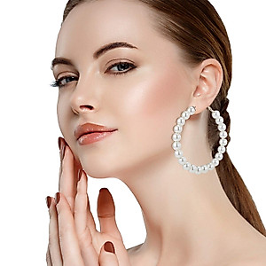 Hicarer 4 Pairs Faux Pearl Hoop Earrings for Women Large Big Drop Dangle Earrings Pearl Beaded Earrings Jewelry for Women Brides Gift