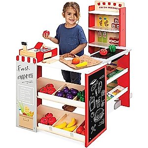 Best Choice Products Pretend Play Grocery Store Wooden Supermarket Toy Set for Kids w/Play Food, Chalkboard, Cash Register, Working Conveyor - Red