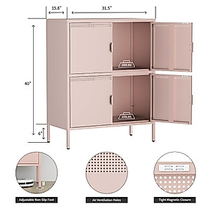 Ustamio 4 Doors Metal Office Storage Cabinet, Freestanding 2 Tier Steel Locker Cabinet for Home, Office, School and Classroom, Multipurpose Metal Storage Rack with Doors, Pink